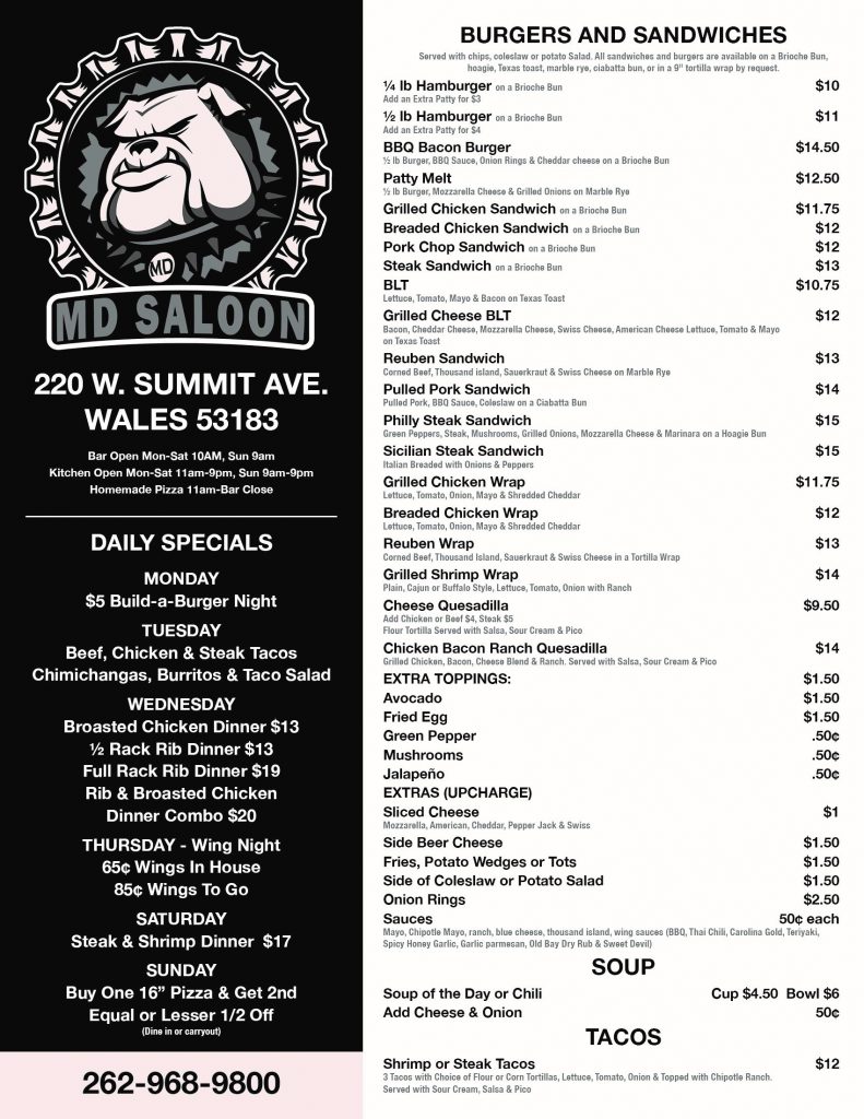 Menu - MD Saloon | Delafield